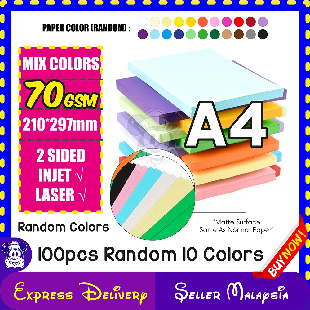 UNICRAFT 100pcs A4 Color Paper 70gsm Mix 10 Colors Double Sided ...