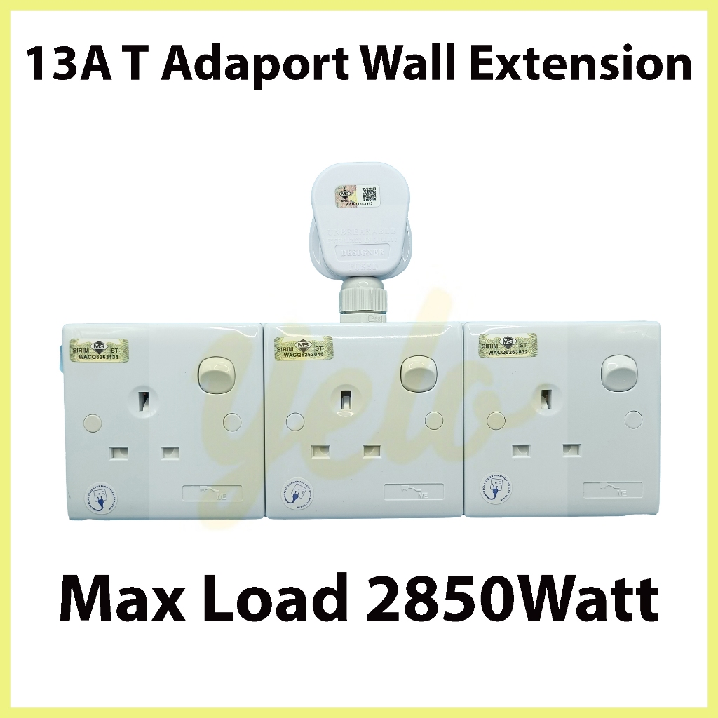 13A Wall Socket 3 Way T Adaport Wall Extension Socket Extension Plug ...