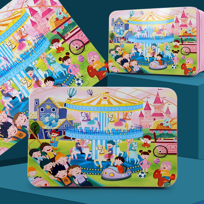 100 & 200 pcs Cartoon jigsaw Puzzles Early Learning Metal Box Kids ...