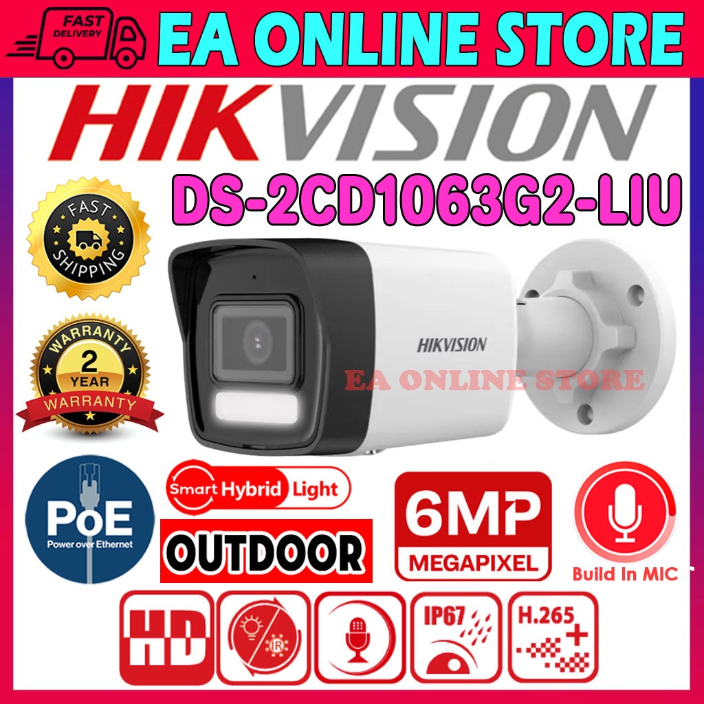 HIK HIKVISION DS-2CD1063G2-LIU 6.0MP POE + COLORVU + MIC / AUDIO Smart Hybrid Light 6MP 2048P IP ...