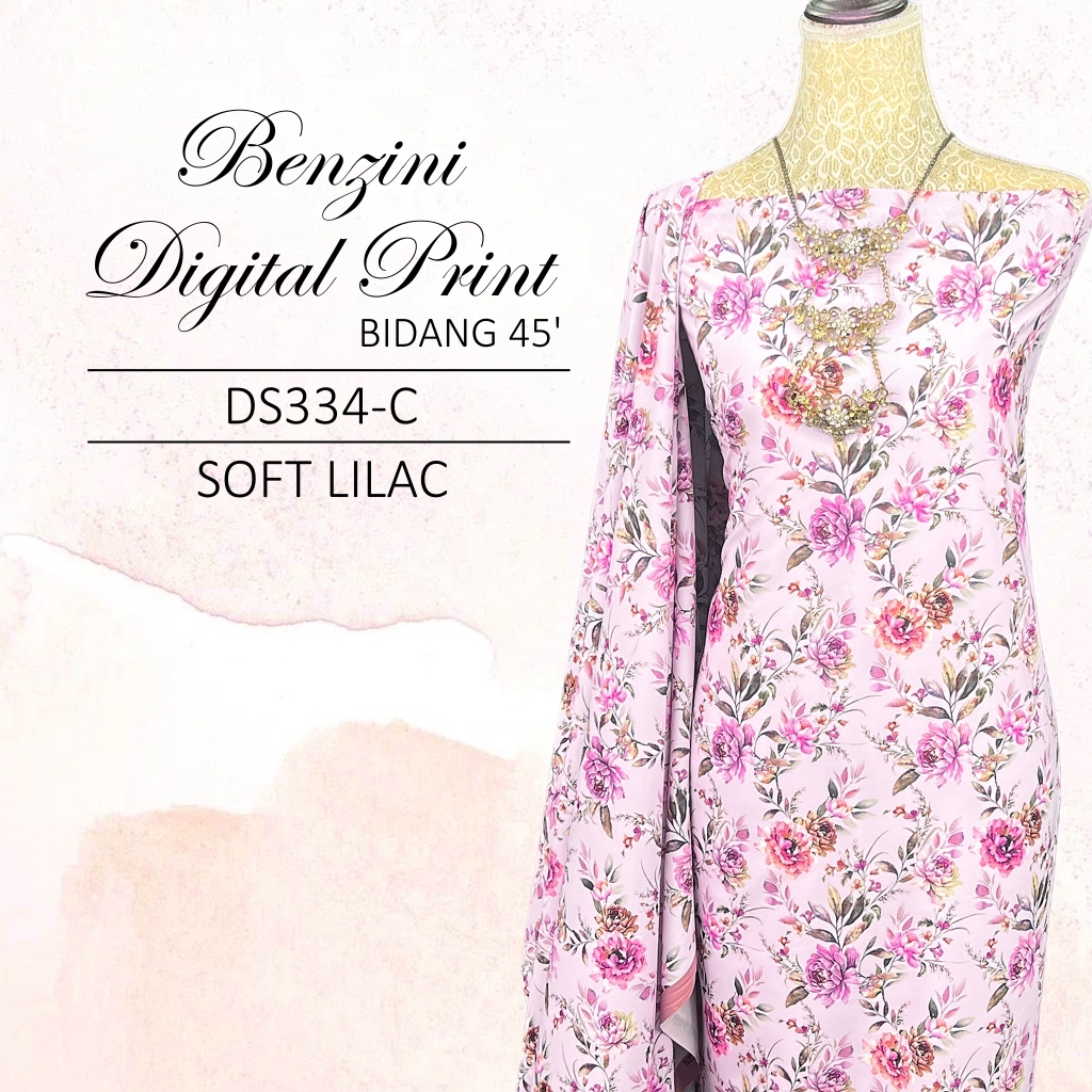 0.5m Benzini Digital Silk Kain Pasang Printed Bercorak Bunga Bidang 45 ...
