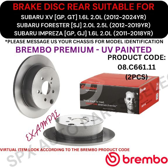 BREMBO GENUINE DISC BRAKE ROTOR (REAR) FOR SUBARU XV [GP, GT] '12-24YR ...