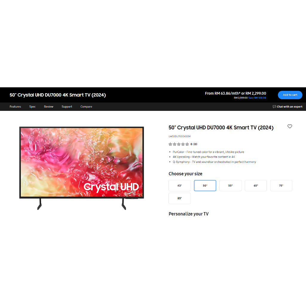 SAMSUNG 43''/ 50" / 55'' /65'' Crystal UHD DU7000 4K Smart TV (2024 ...