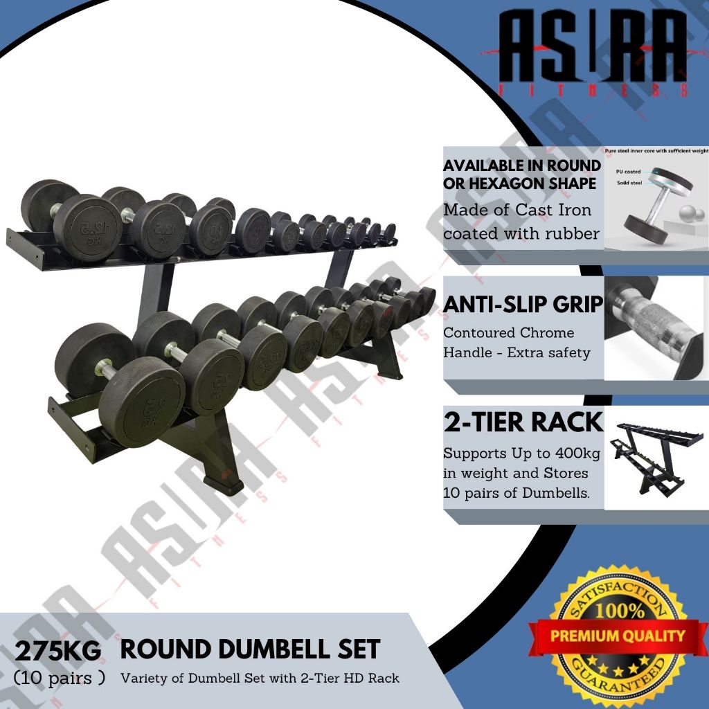 275KG 10 Pairs Round Dumbell Set with 2-Tier Heavy Duty Dumbbell ...