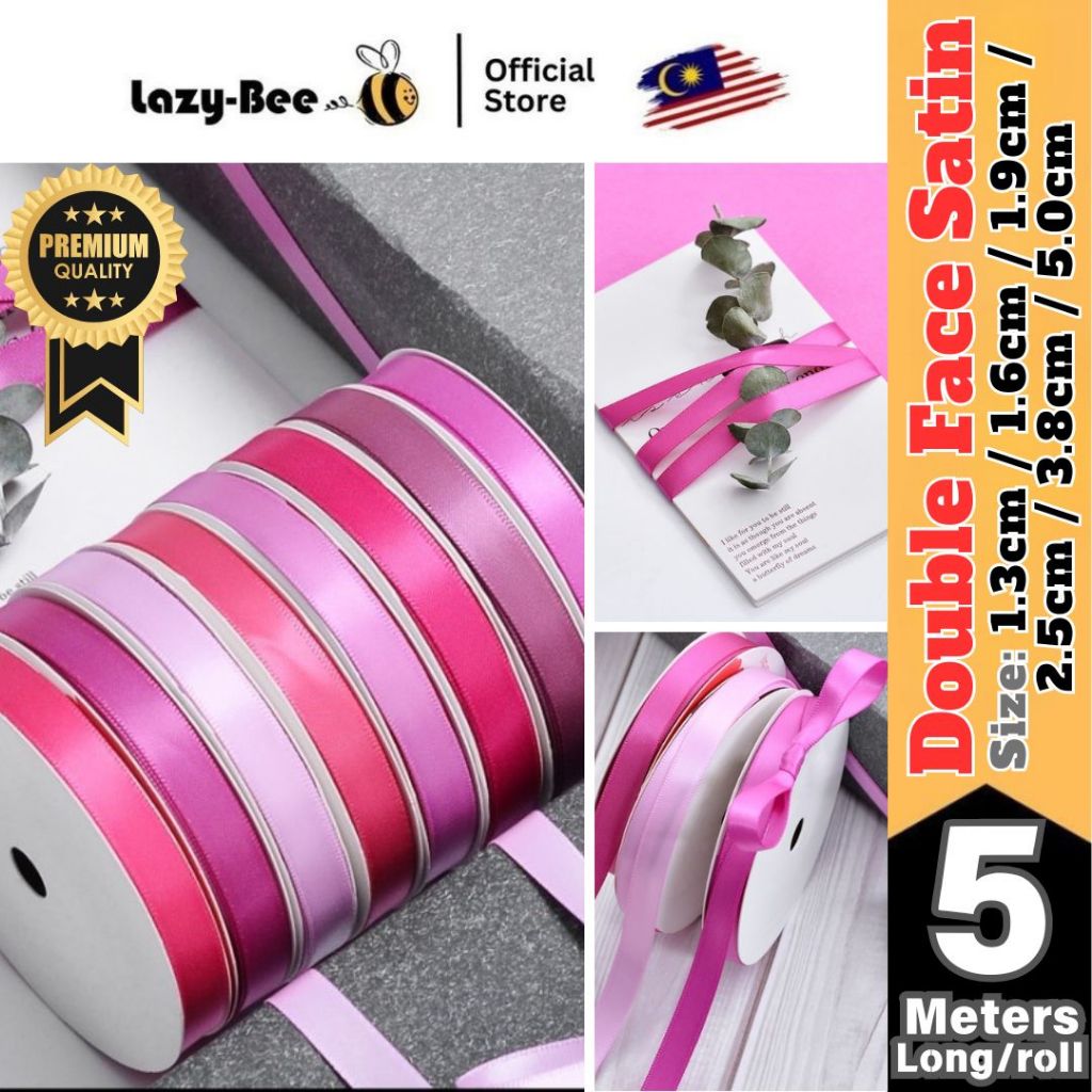 LAZY BEE Red Azalea Pink 5 Meter Premium Double Faced Satin Ribbon Gift ...