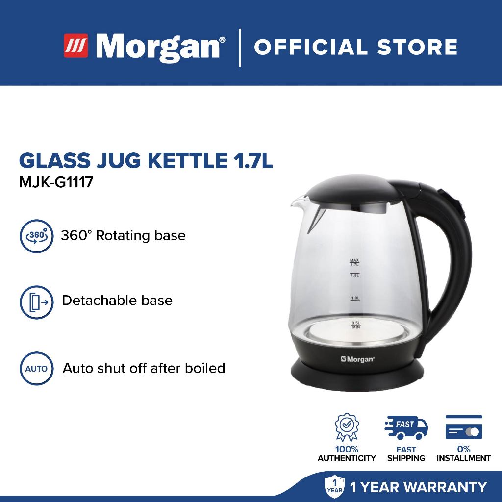 Morgan Thick Glass Jug Kettle (1.7L ) MJK-G1117 (Malaysia Plug, 2200W, Fast Boiling, Spout ...