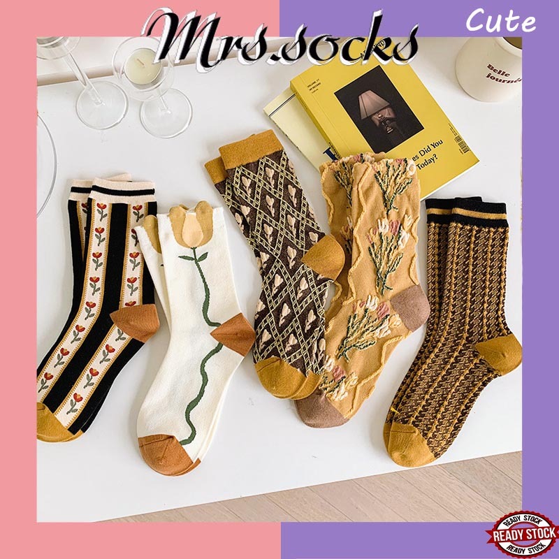 Mrs.socks Brown Flower Retro Ins Cute Sock Long Socks Women Stokin ...