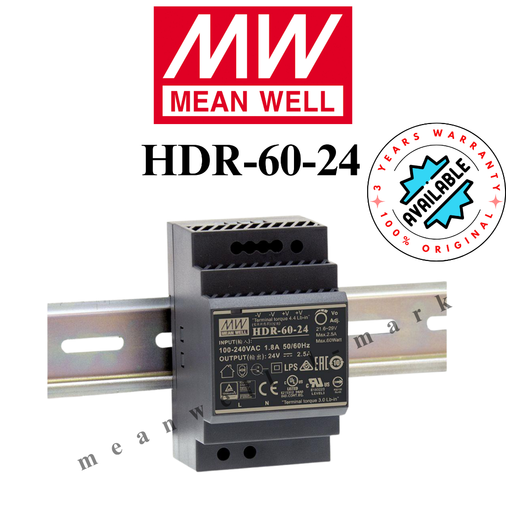 Mean Well HDR-60-24 60W 24V 2.5A MeanWell Single Output Ultra Slim Step Shape DIN RAIL Power ...