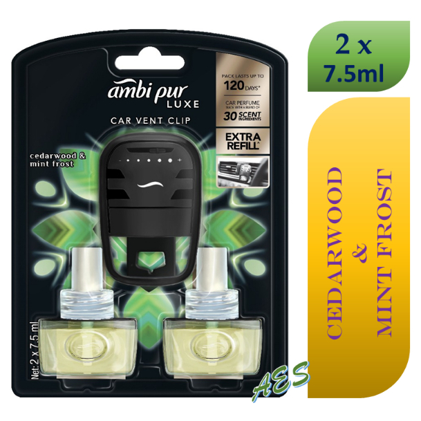 Ambi Pur Luxe Car Vent Clip Cedarwood & Mint Frost Car Air Freshener 7.5ml x 2 Bottle Refill ...
