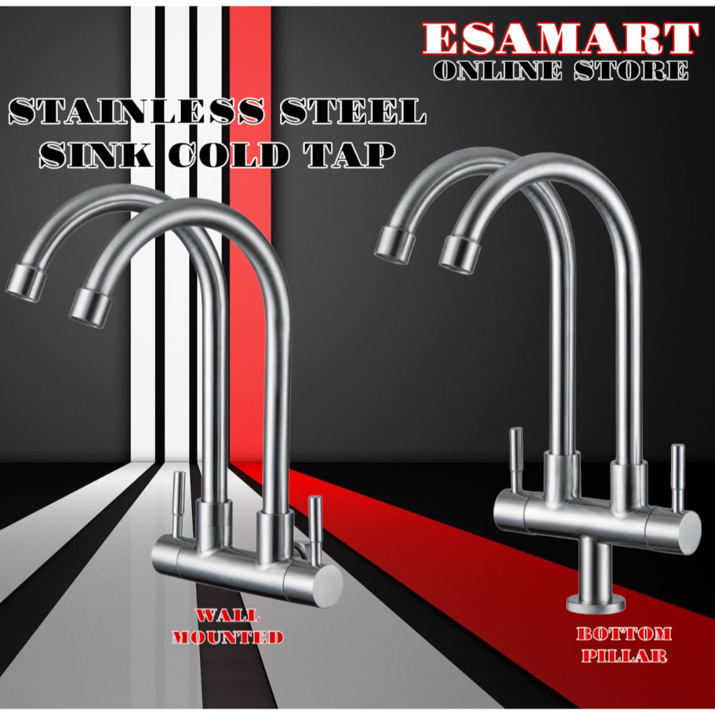 Stainless Steel SUS304 Kitchen Double Spout Wall Cold Sink Tap Twin ...