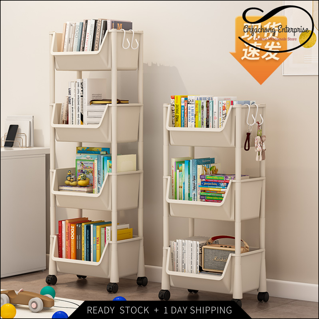 3/4 Layer Multi-Layer Bookshelf Rack With Wheels Storage Shelves Books ...