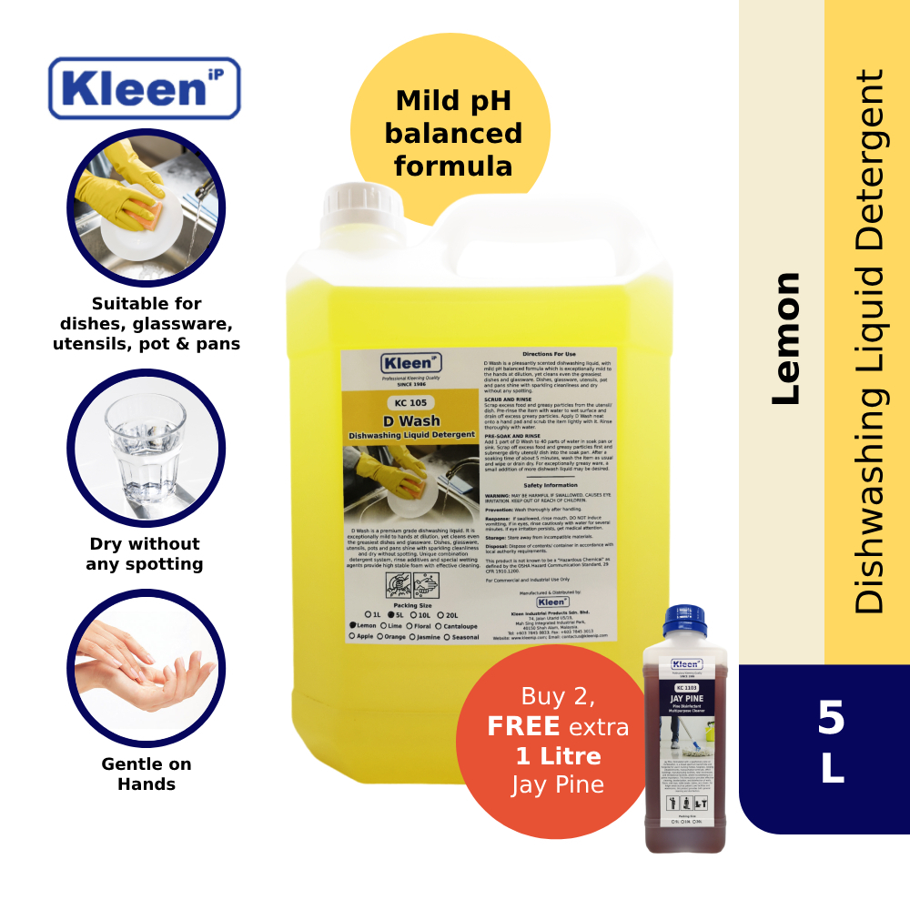 Kleen D Wash Dishwashing Liquid Detergent (KC 105) 5L/ 5000ML Lemon Concentrated Dishwash Mild ...