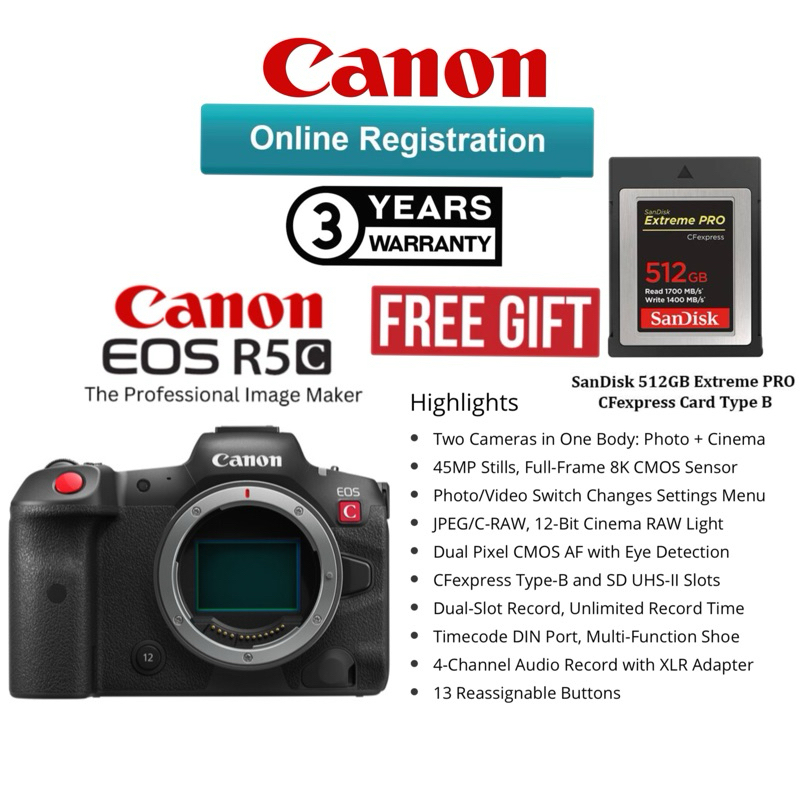 CANON MALAYSIA SET CANOK EOS R5 C EOS R5C 45MP STILL FULL FRAME 8K CMOS SENSOR PHOTO + CINEMA ...