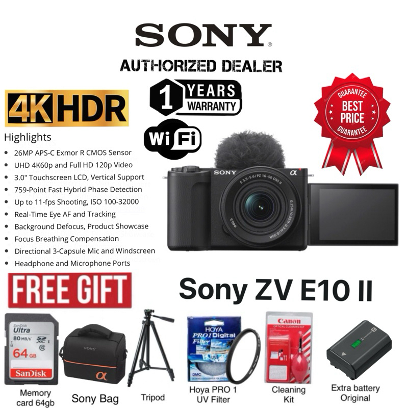 SONY ZV-E10 II MARK 2 16-50MM SONY ZVE10 MARK II MARK 2 ORIGINAL FREE EXTRA BATTERY ORIGINAL ...