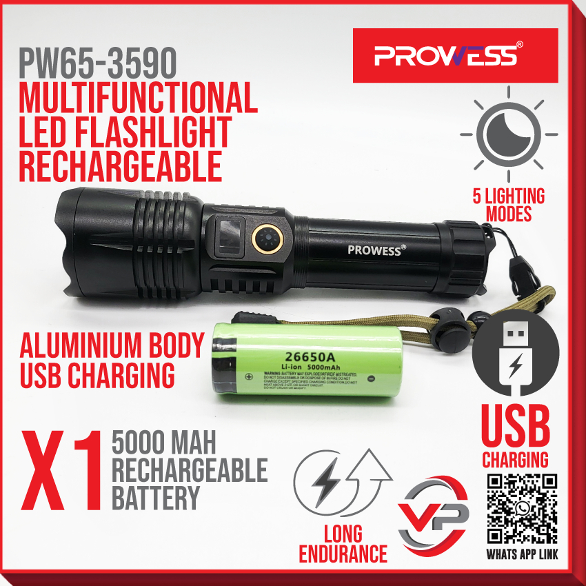 PROWESS PW65-3590 LED FLASHLIGHT 5 MODE LIGHT RECHARGEABLE 990000 ...