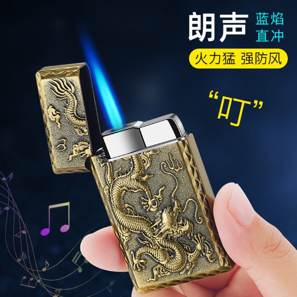 Dragon Emboss Steel Ding Sound Blue Jet Flame Butane Gas Lighter ...