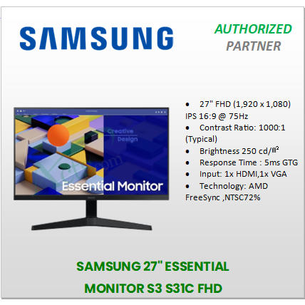 Samsung 27" Essential Monitor S3 S31C FHD | Shopee Malaysia