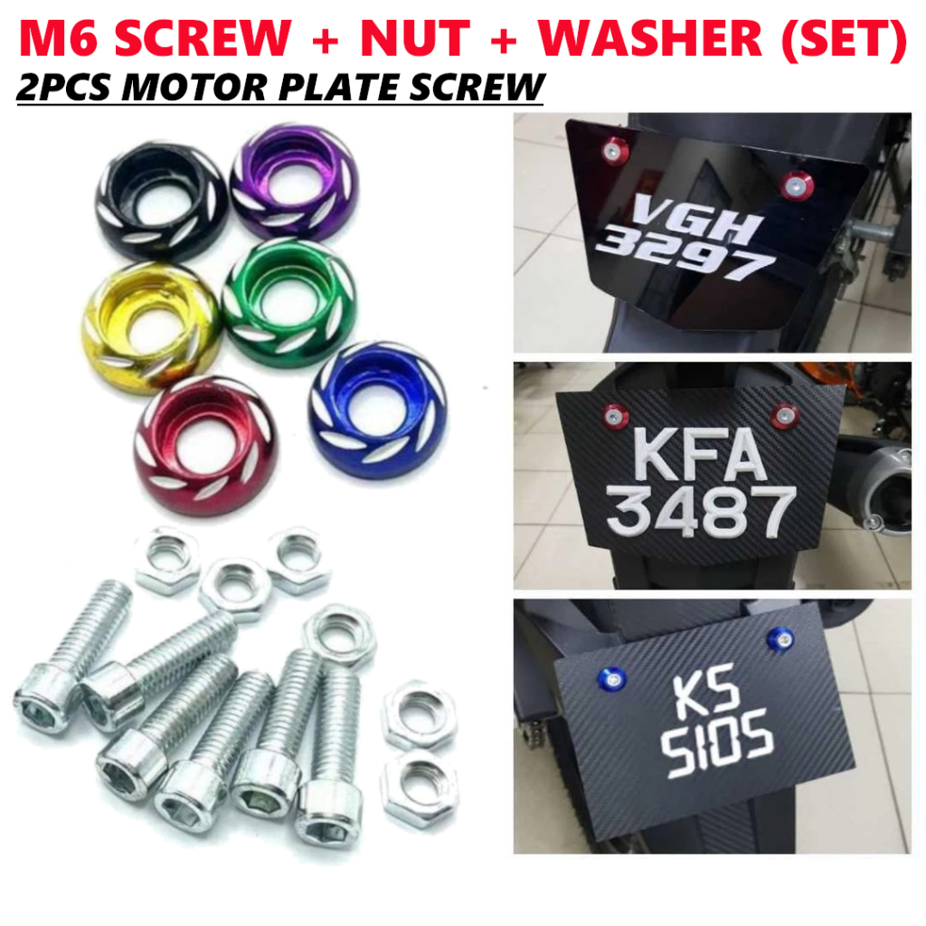 2pcs Motor M6 Number Plate Screw Nut Washer Alluminium Motorcycle Moto ...