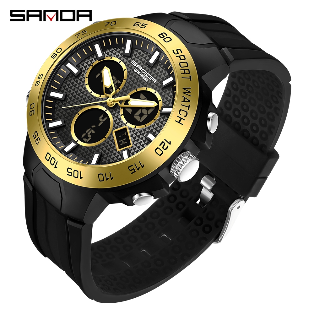 SANDA 3112 Quartz Analog Dual Time Digital Casual 3 ATM Water Proof Men ...