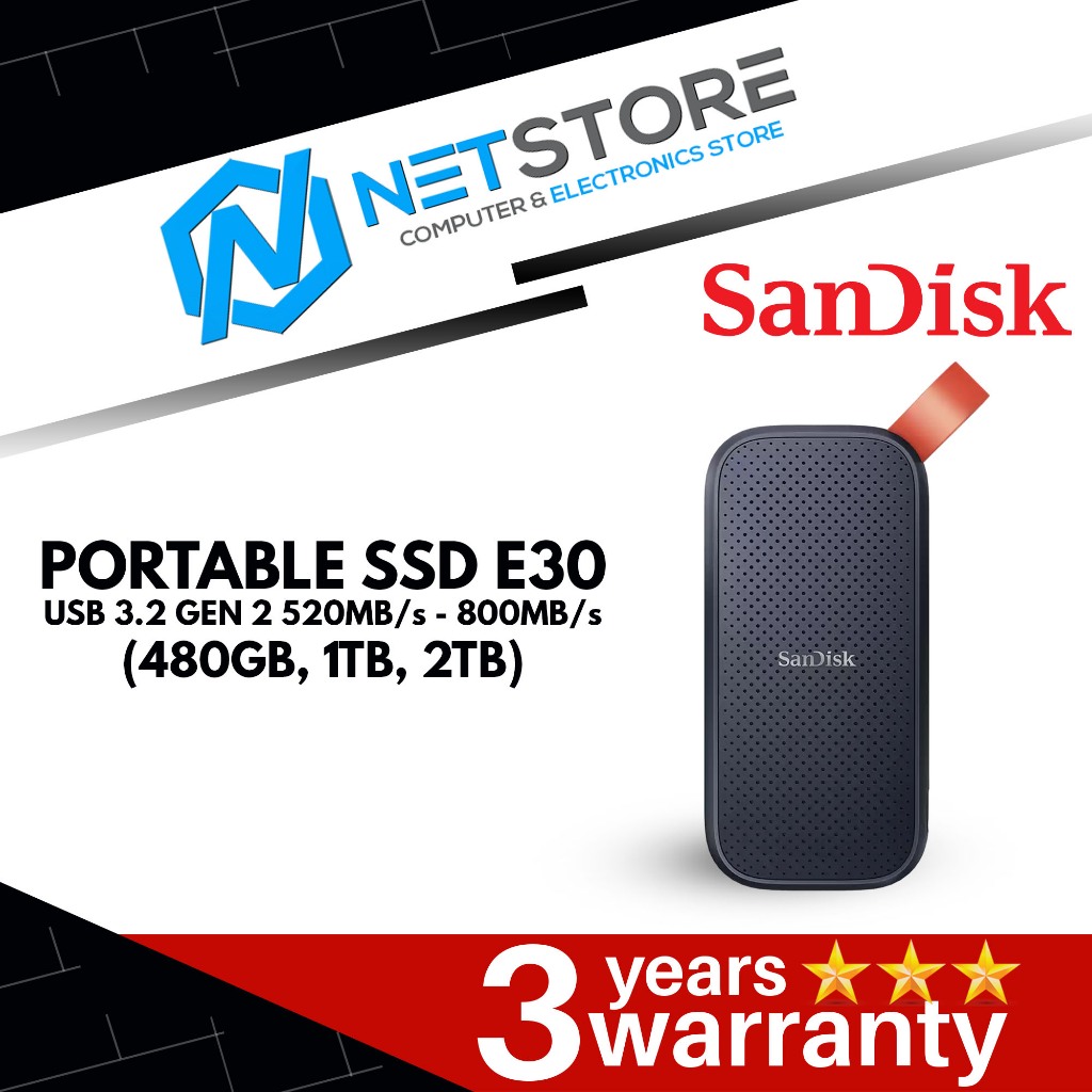 SANDISK PORTABLE SSD E30 USB 3.2 GEN 2 520MB/s - 800MB/s (480GB, 1TB, 2TB) | Shopee Malaysia