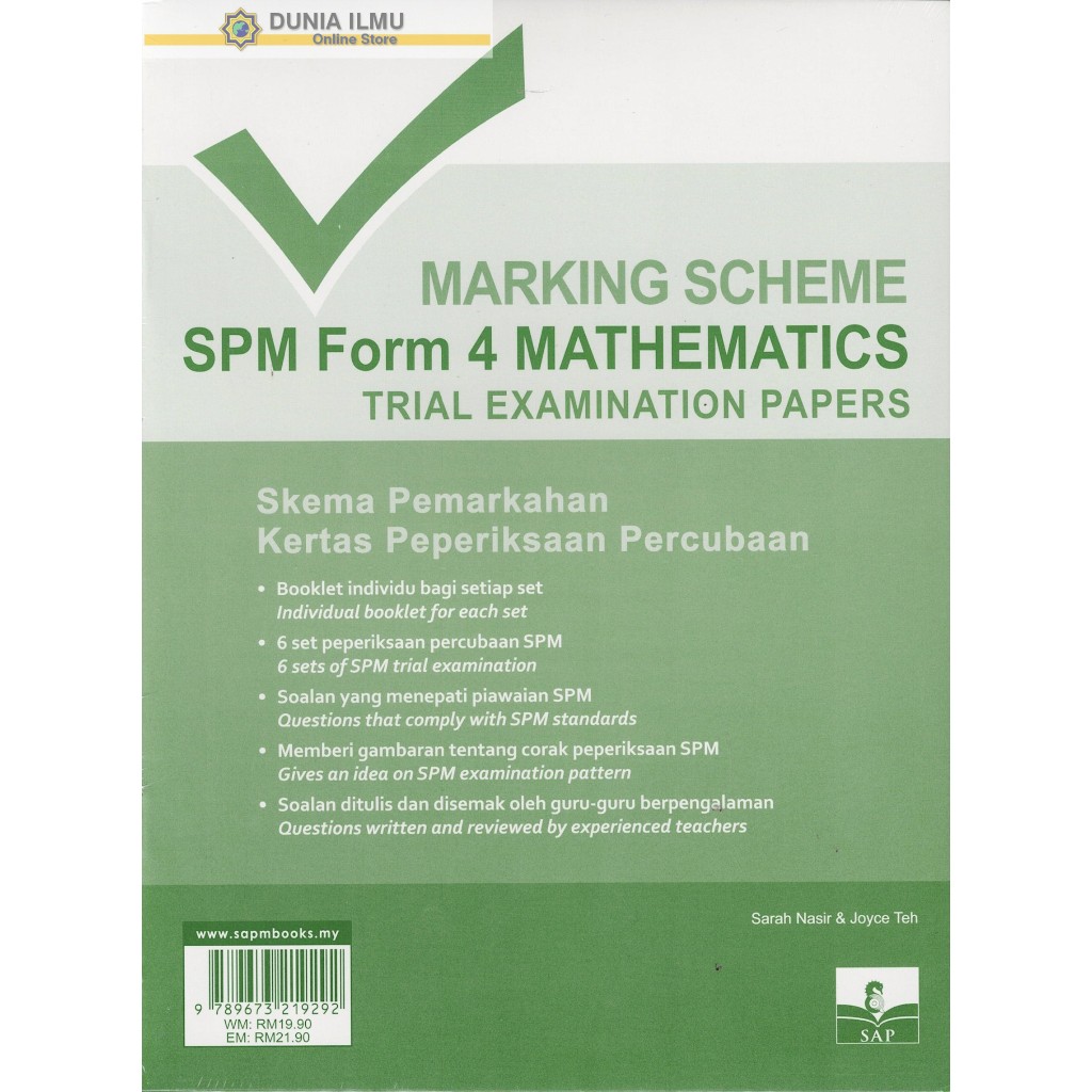 MARKING SCHEME SPM FORM 4 MATHEMATICS TRIAL EXAMINATION PAPERS | Shopee ...