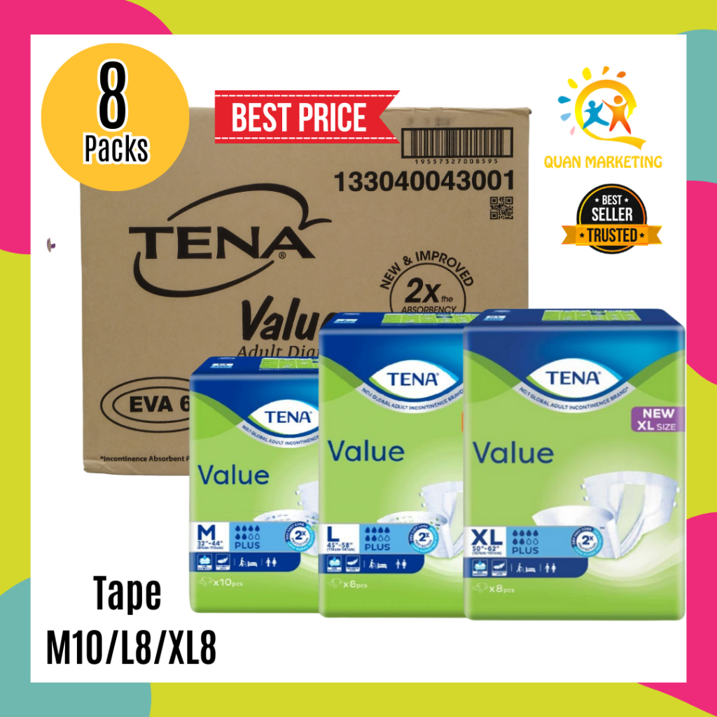 TENA Tape Adult Diapers Value M12s/L8s/XL8s - 8 Packs / One Carton Deal / Fast Delivery | Shopee ...