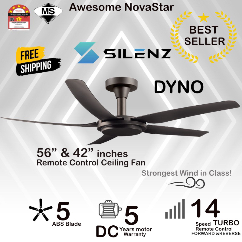 Silenz Dyno 56”/42” Powerful DC Motor Ceiling Fan with Remote control ...