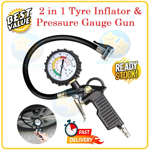 2 in 1 Tyre Inflator and Pressure Gauge Gun Use with Air Compressor ...