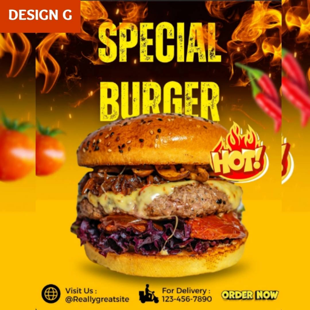STIKER STALL BURGER WITH FIRE YELLOW AND CHILLI TOMATO BACKGROUND READY ...