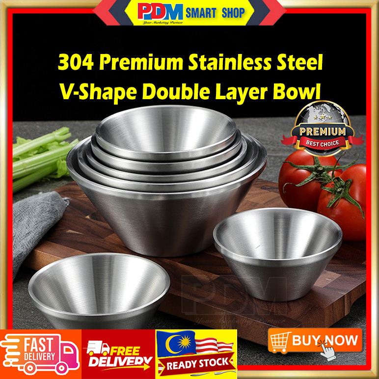 PDM Premium 304 Stainless Steel Korean Ramen V-Shape Double Layer Bowl Heat Insulation V-Shape ...