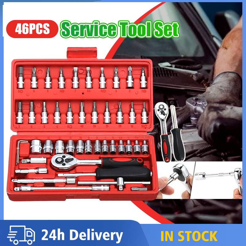 🚙46PCS Socket Set Tool Box Set Ratchet Spanner Wrench Set Screwdriver Bit Set Repairing Car Kit ...