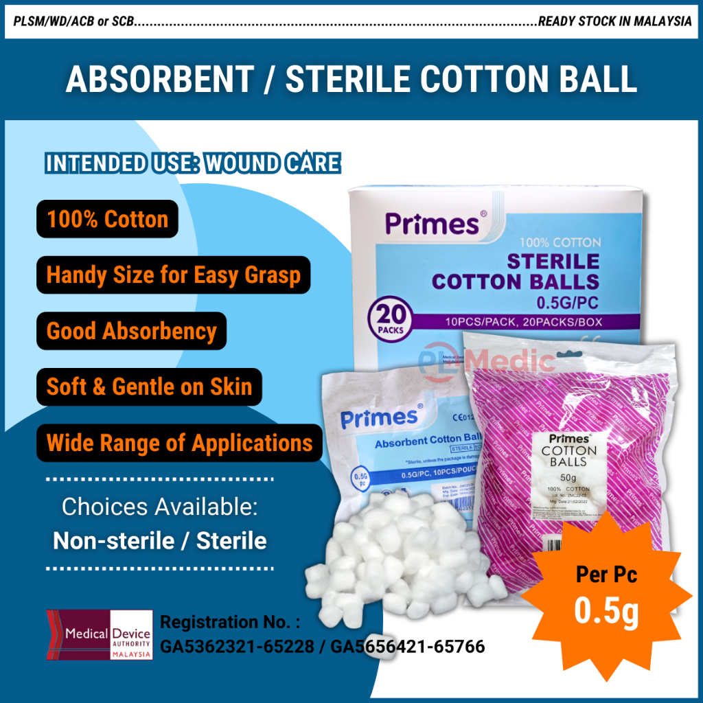PRIMES Absorbent Cotton Ball (Non-sterile - 50g/pkt; Sterile - 10's× ...