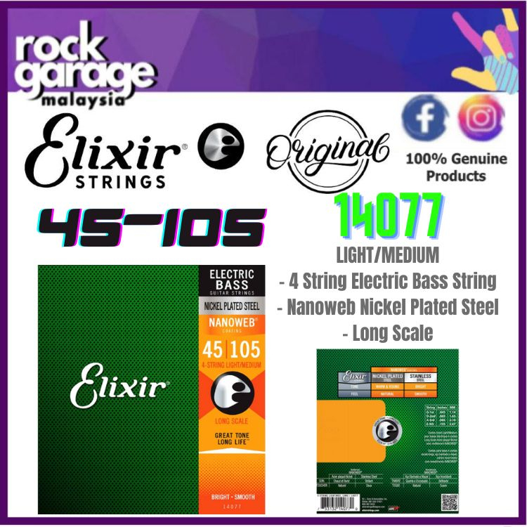Elixir 14077 Nanoweb Medium Long Scale 4-String Electric Bass Strings (45-105) | Shopee Malaysia
