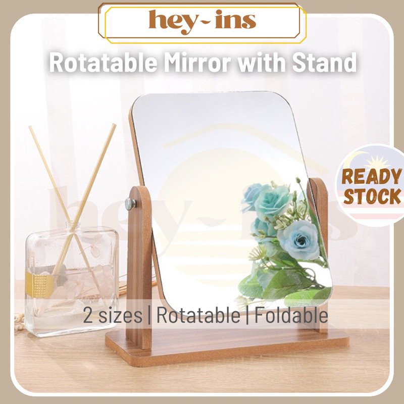 Makeup Mirror 360 Degree Rotate Wooden Desk Standing Mirror Portable ...