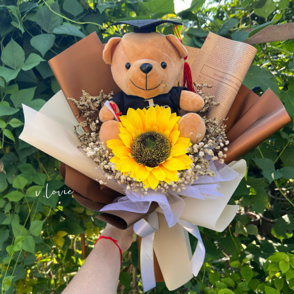 Artifical Sunflower Graduation Flower Bouquet with Graduation Bear for ...