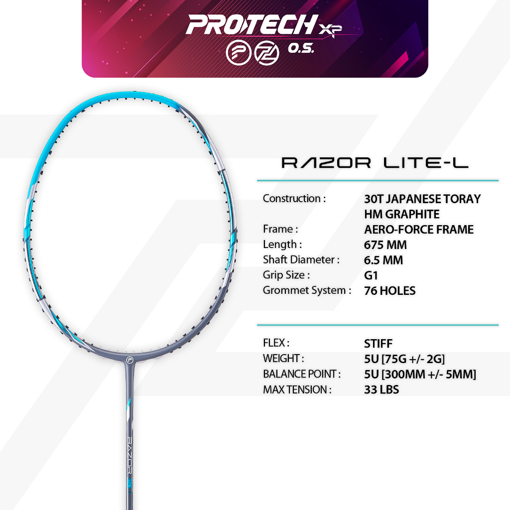 PROTECH Badminton Racket - RAZOR LITE L (5UG1)(MAX 33LBS)(FREE String ...