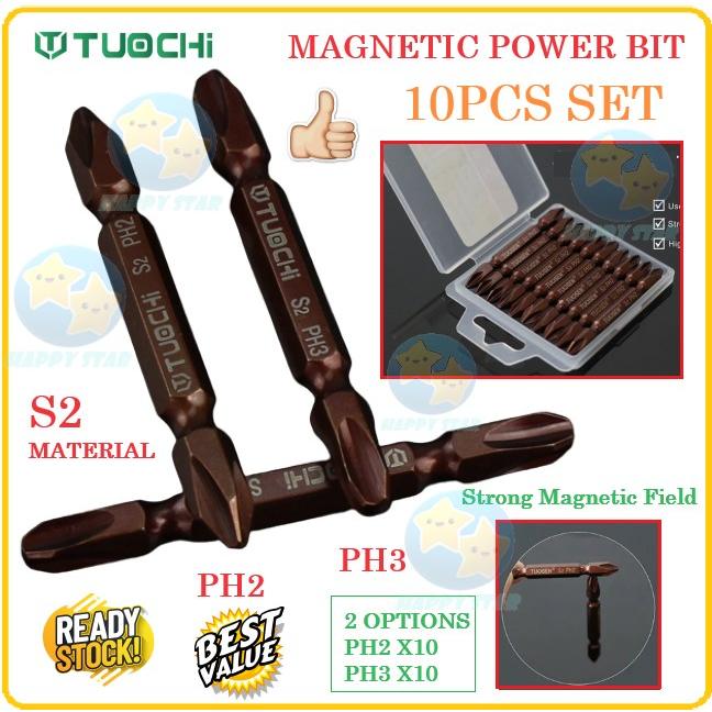 10PCS SET MAGNETIC POWER BIT PH2 PH3 65MM S2 HEX SHANK PHILIPS ...