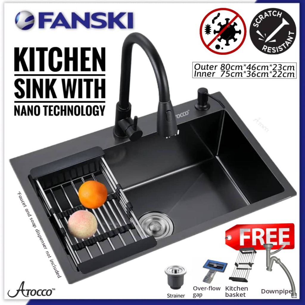 Black Nano Kitchen Sink 304 Stainless Steel 80cm Big Capacity Anti ...