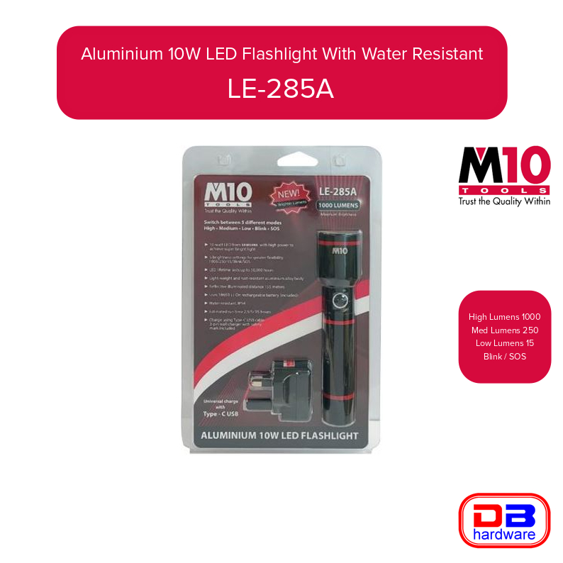 M10 Aluminium 10W LED Flashlight With Water-Resistant LE-285A | Shopee ...