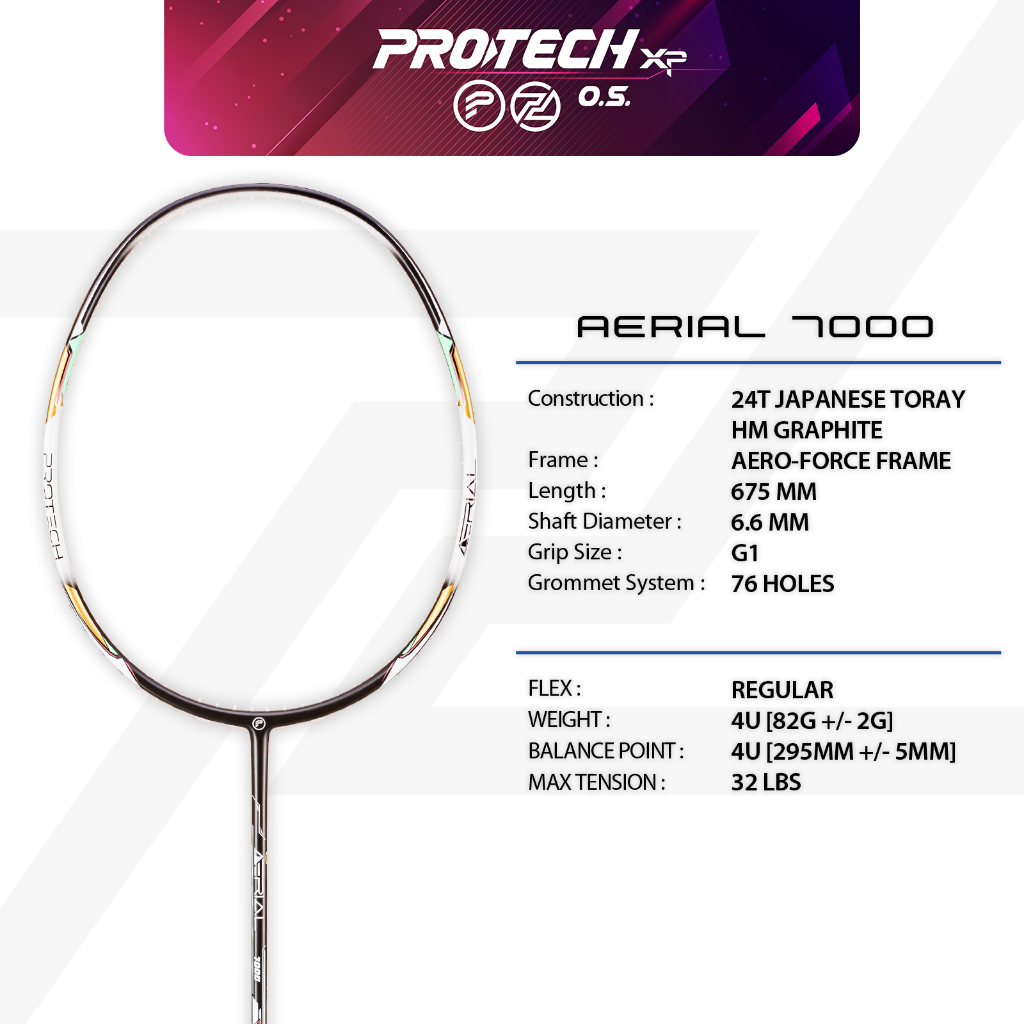 PROTECH Badminton Racket - Aerial 7000 (4UG1)(MAX 32LBS)(FREE String ...