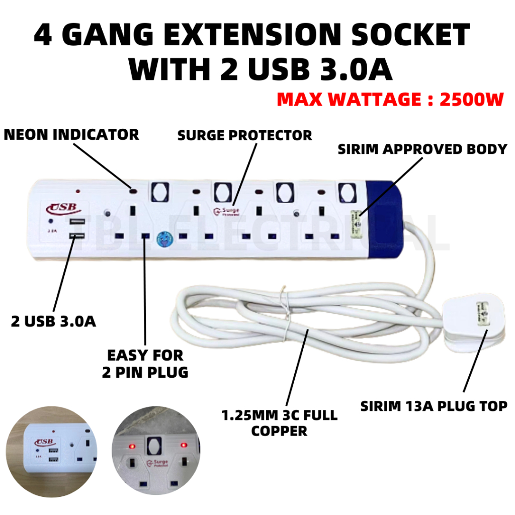 🔥SIRIM🔥Extension Plug 2/5 METER 2G,3G,4G,5G Trailing Socket 1.25MM X 3C Wire Extension Socket C ...