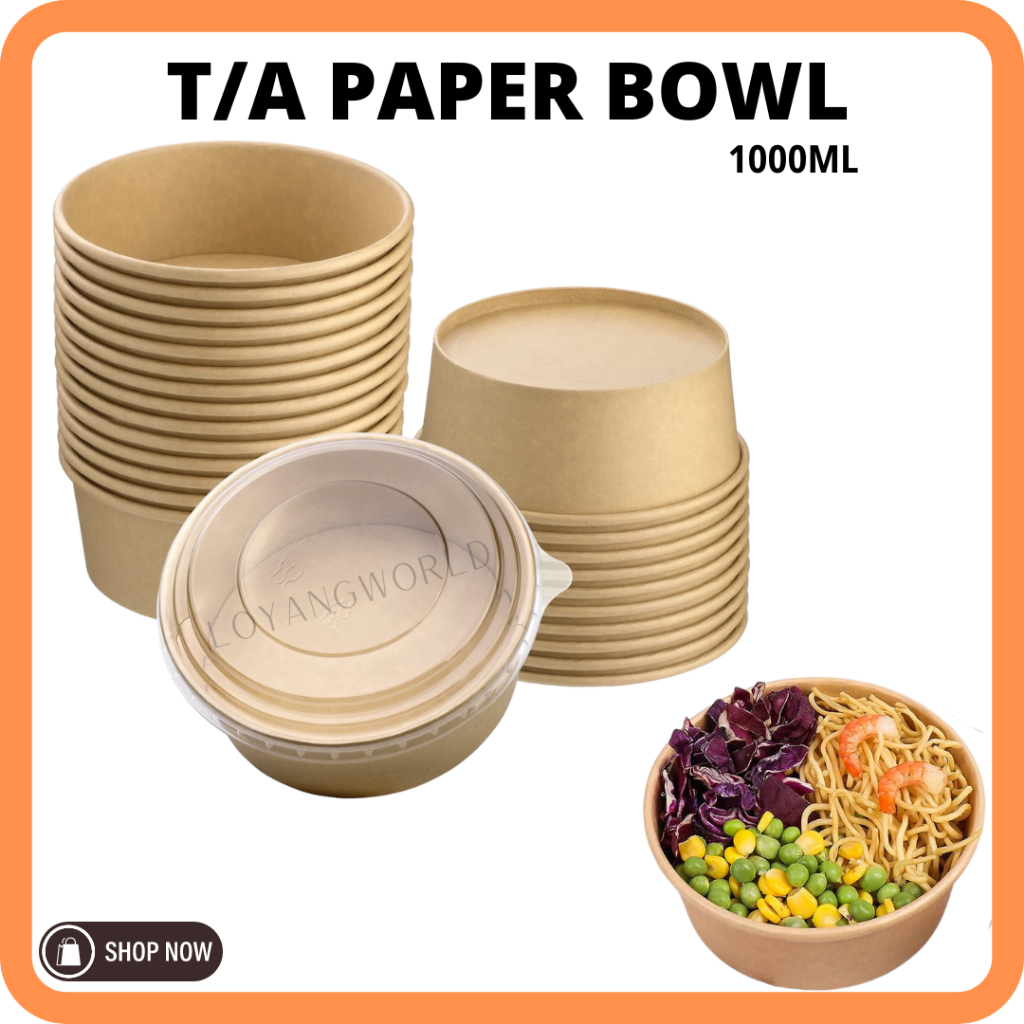 (1000ml) Disposable Round Paper Bowl Kraft With Lid Food Bekas Take ...
