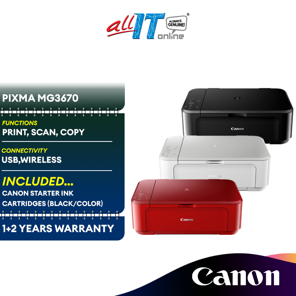Canon PIXMA MG3670 Wireless Photo All-In-One Inkjet Printer with Auto Duplex Printing | Shopee ...
