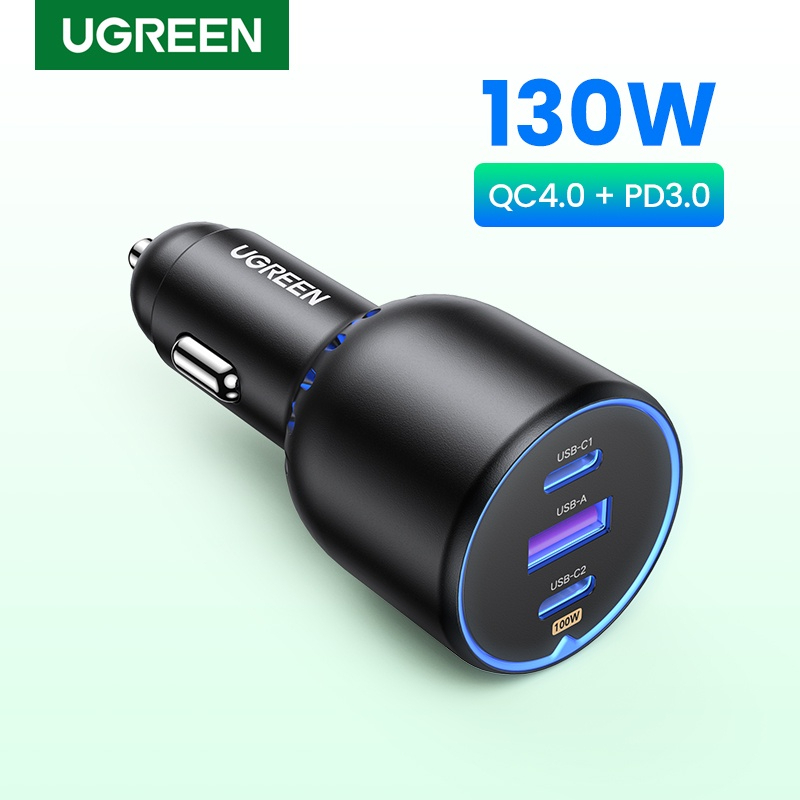 UGREEN 130W Car Charger / Tri (3) Ports USB-A & USB-C / Fast Quick Charging Type A Type C Car ...