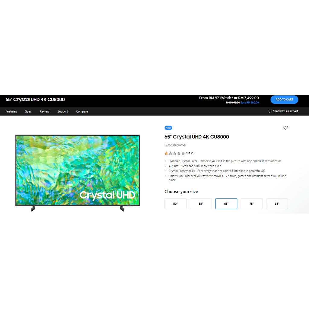 SAMSUNG NEW 2023 65" Crystal UHD SMART TV 4K CU8000 UA65CU8000KXXM UA ...