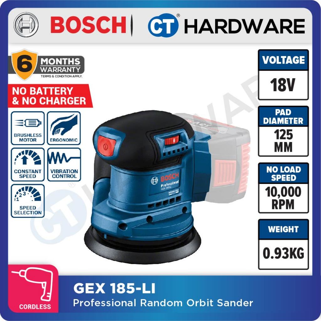BOSCH GEX 185-LI PROFESSIONAL BRUSHLESS RANDOM ORBIT SANDER 18V | 125MM WITHOUT BATTERY ...
