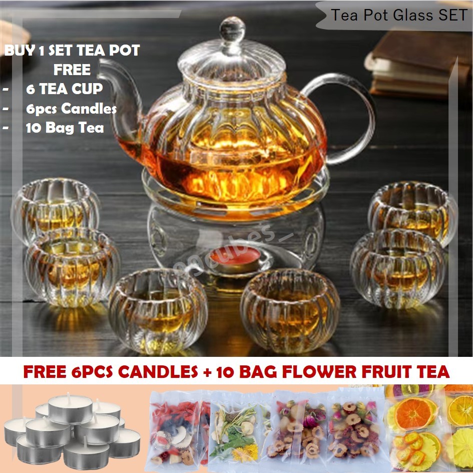 Teapot Glass SET FREE 10 Bag Flower Fruit Tea + 6 Candles + 6 Tea Cups+ ...