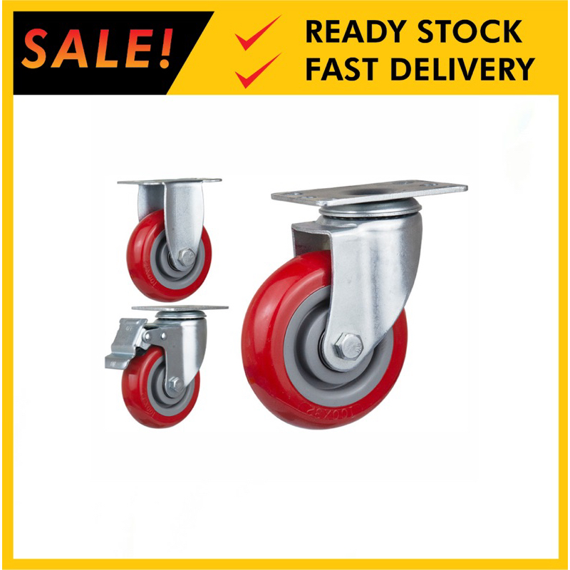 Heavy Duty PU Castor Wheels Trolley Caster 3” 4” 5” Swivel Rigid Brake ...