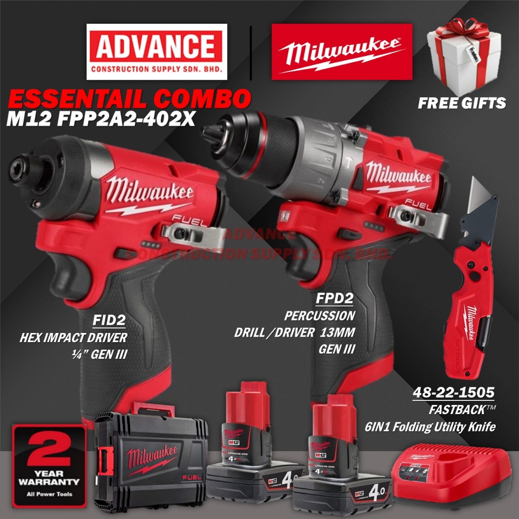 Milwaukee FPP2A2-402X M12 Essential Combo ( FPD2 M12 Percussion Drill ...