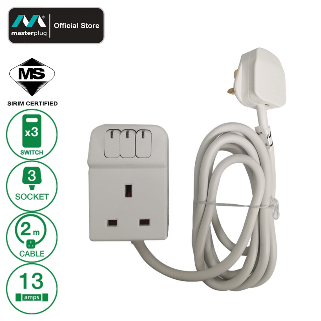 Masterplug Switched Individual Power 3 Gang 2 Meter 13amp Extension ...
